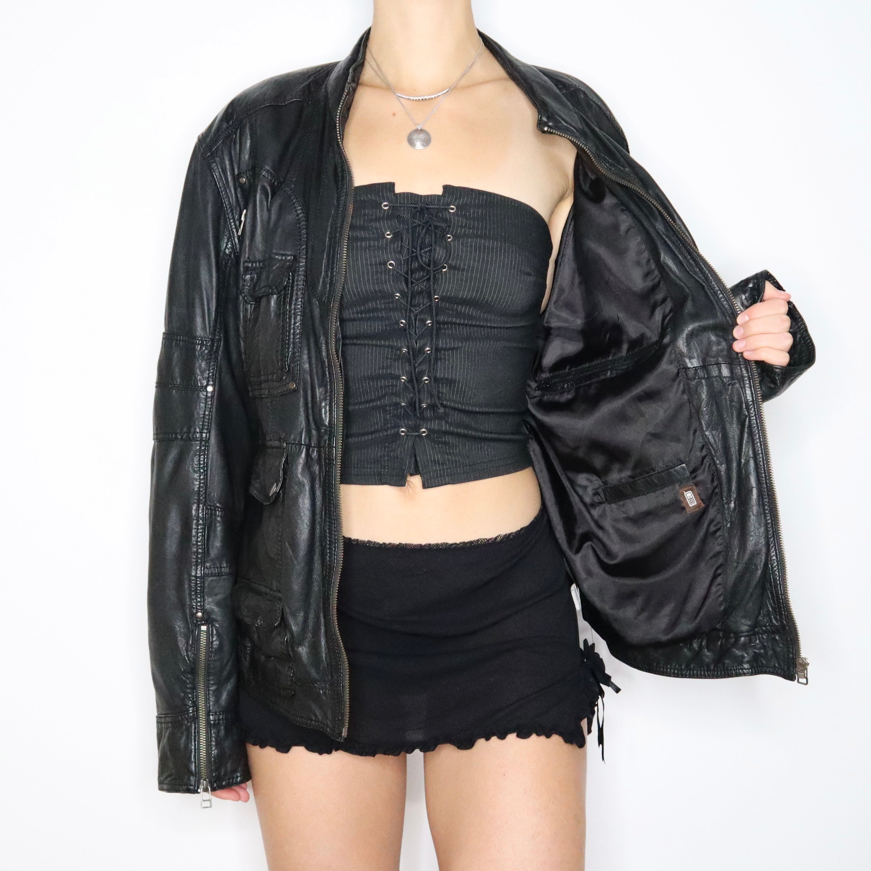 Vintage 90s Oversized Black Leather Racer Jacket (Large) - Imber Vintage