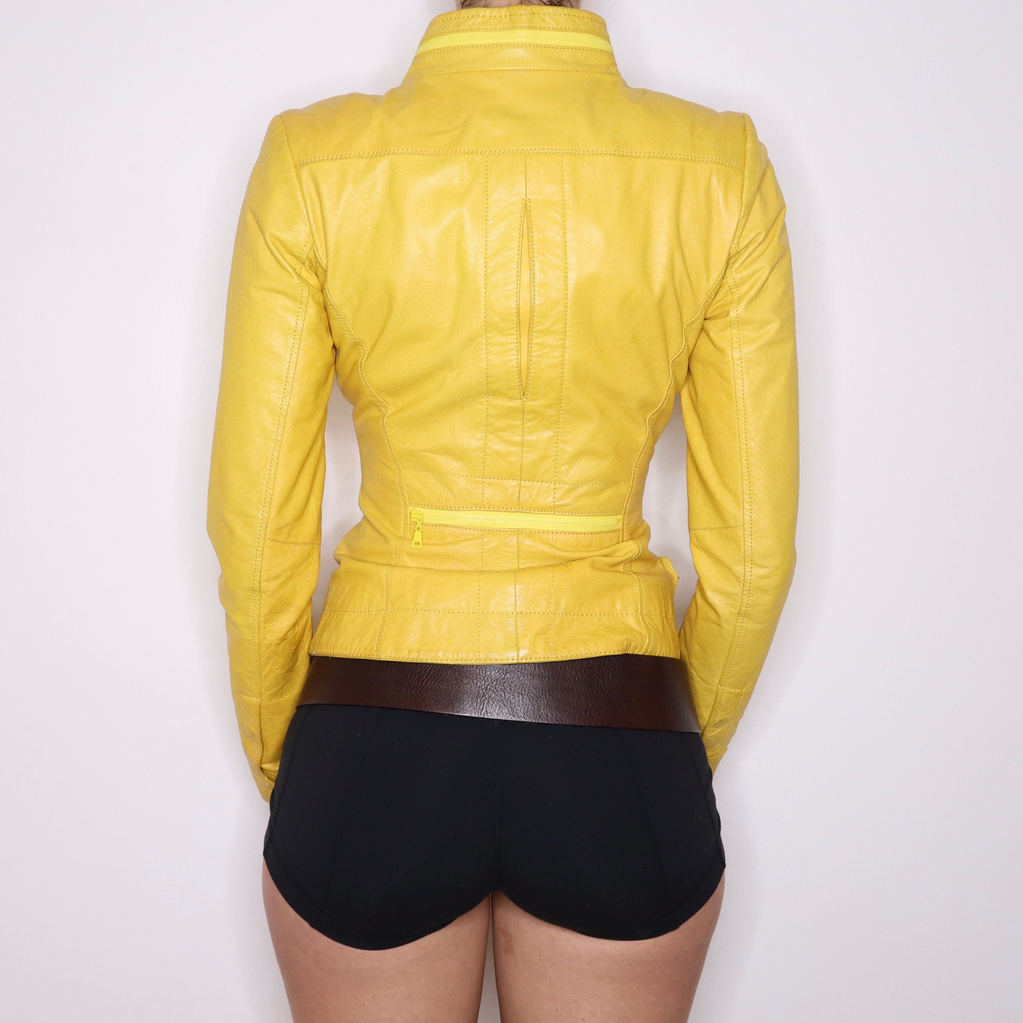 Y2K Sexy Yellow Leather Moto Jacket (XXS) - Imber Vintage