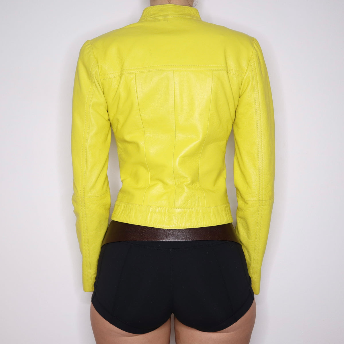 Y2K Sexy Yellow Leather Moto Jacket (XS) - Imber Vintage
