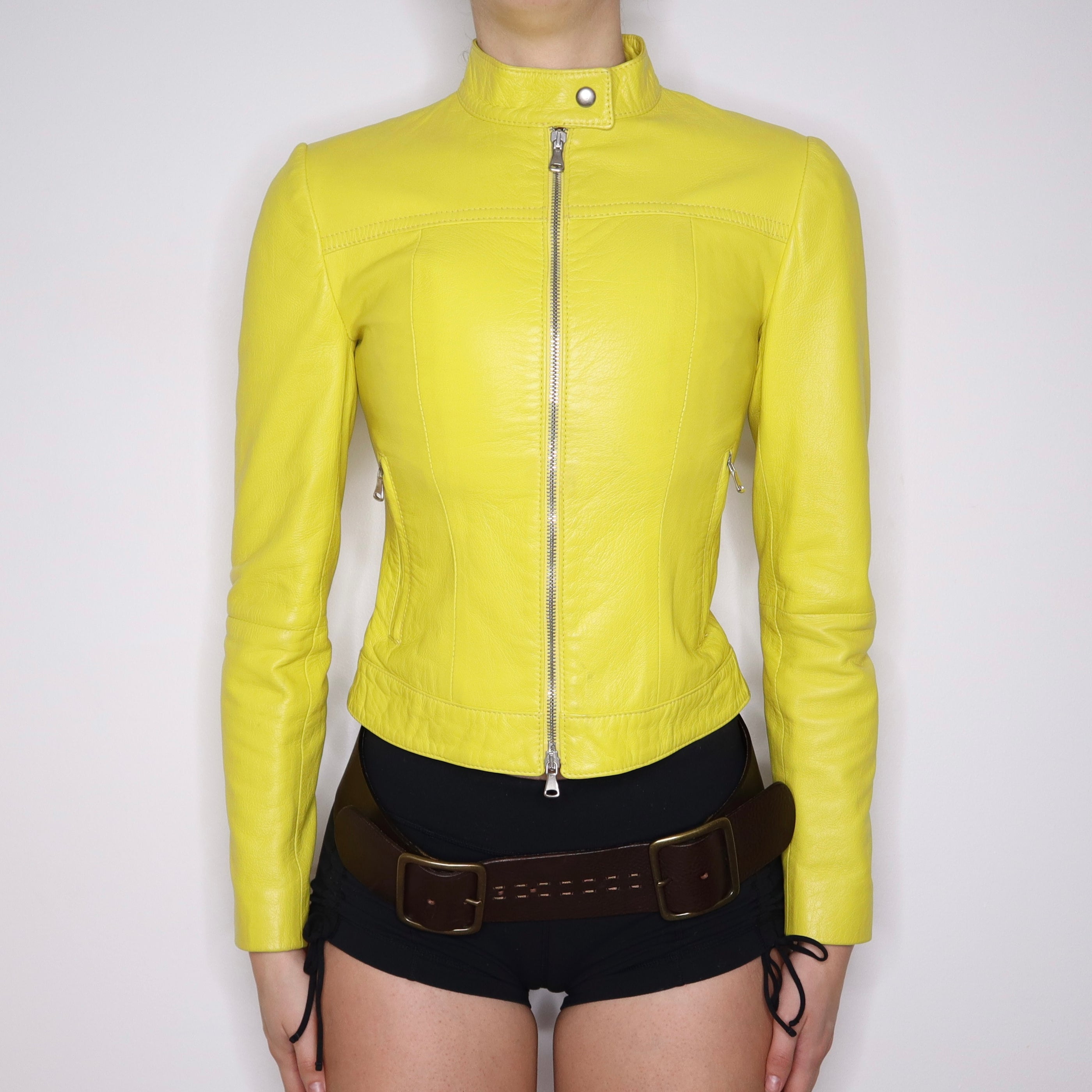 Y2K Sexy Yellow Leather Moto Jacket (XS) - Imber Vintage