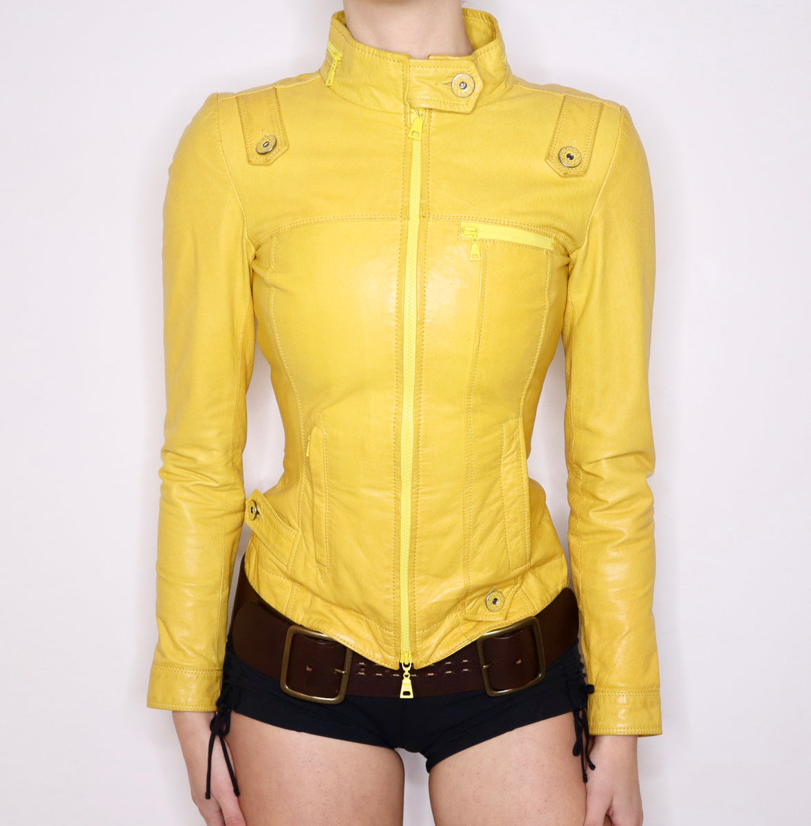 Y2K Sexy Yellow Leather Moto Jacket (XXS) - Imber Vintage