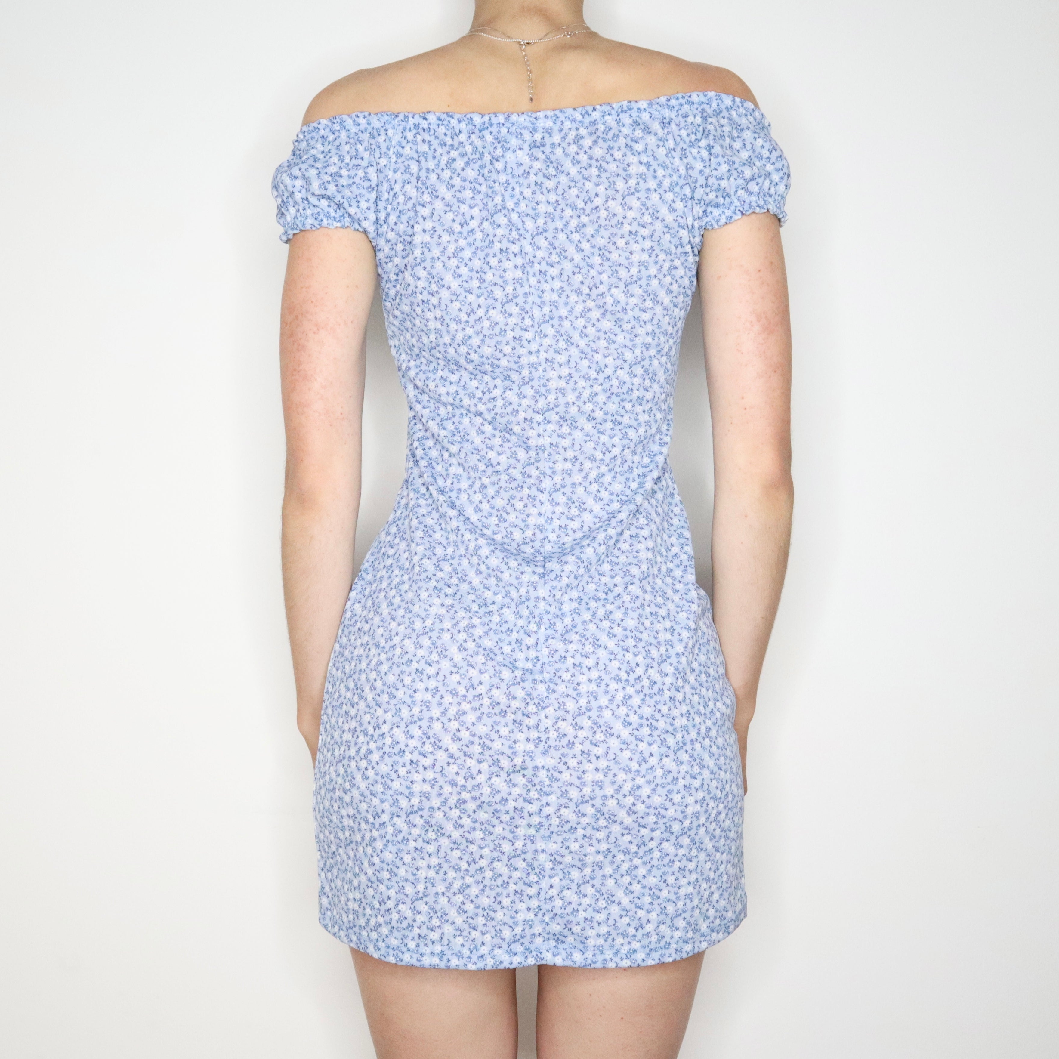 Baby Blue Floral Milkmaid Dress (S-M) - Imber Vintage