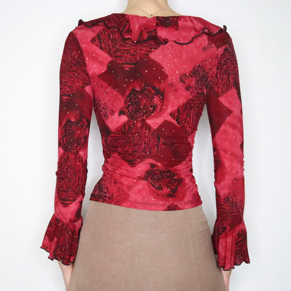 Dark Red Ruffle Blouse (Small) - Imber Vintage
