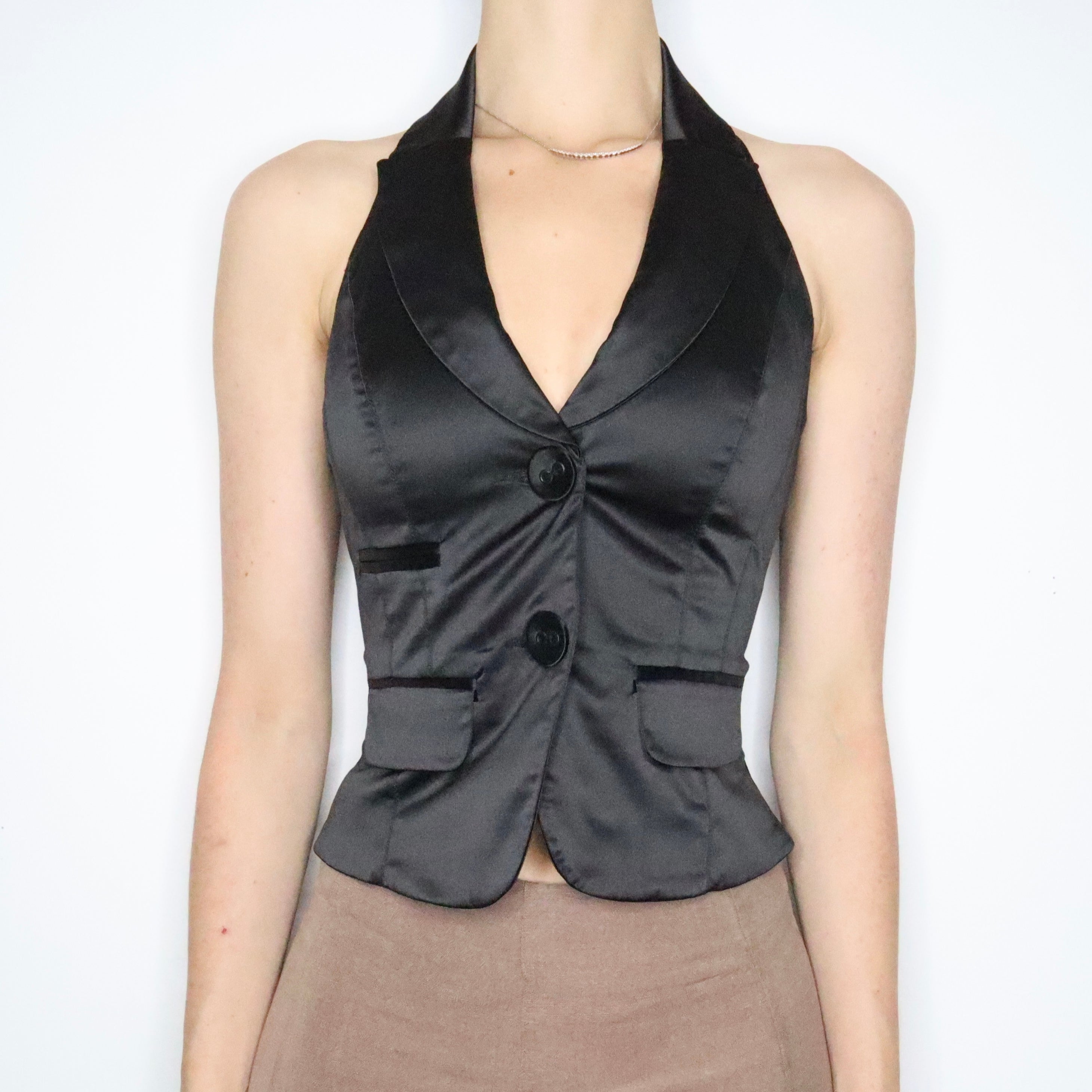 Black Satin Halter Vest - Imber Vintage