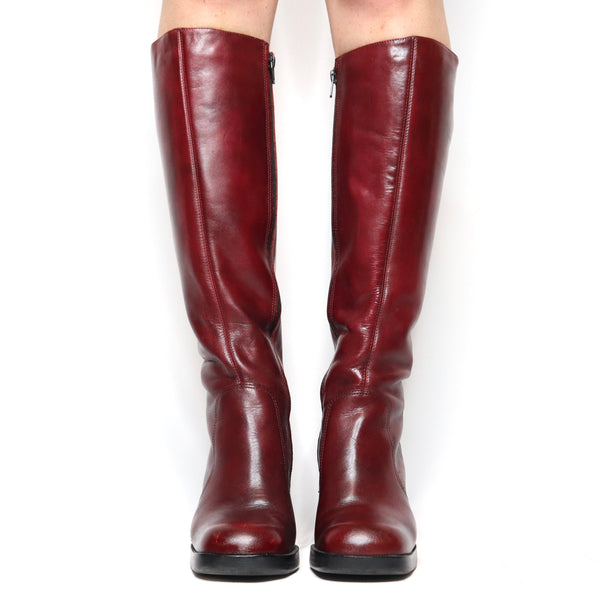 Vintage 90s Dark Cherry Red Leather Heeled Platform Knee High Boots ...