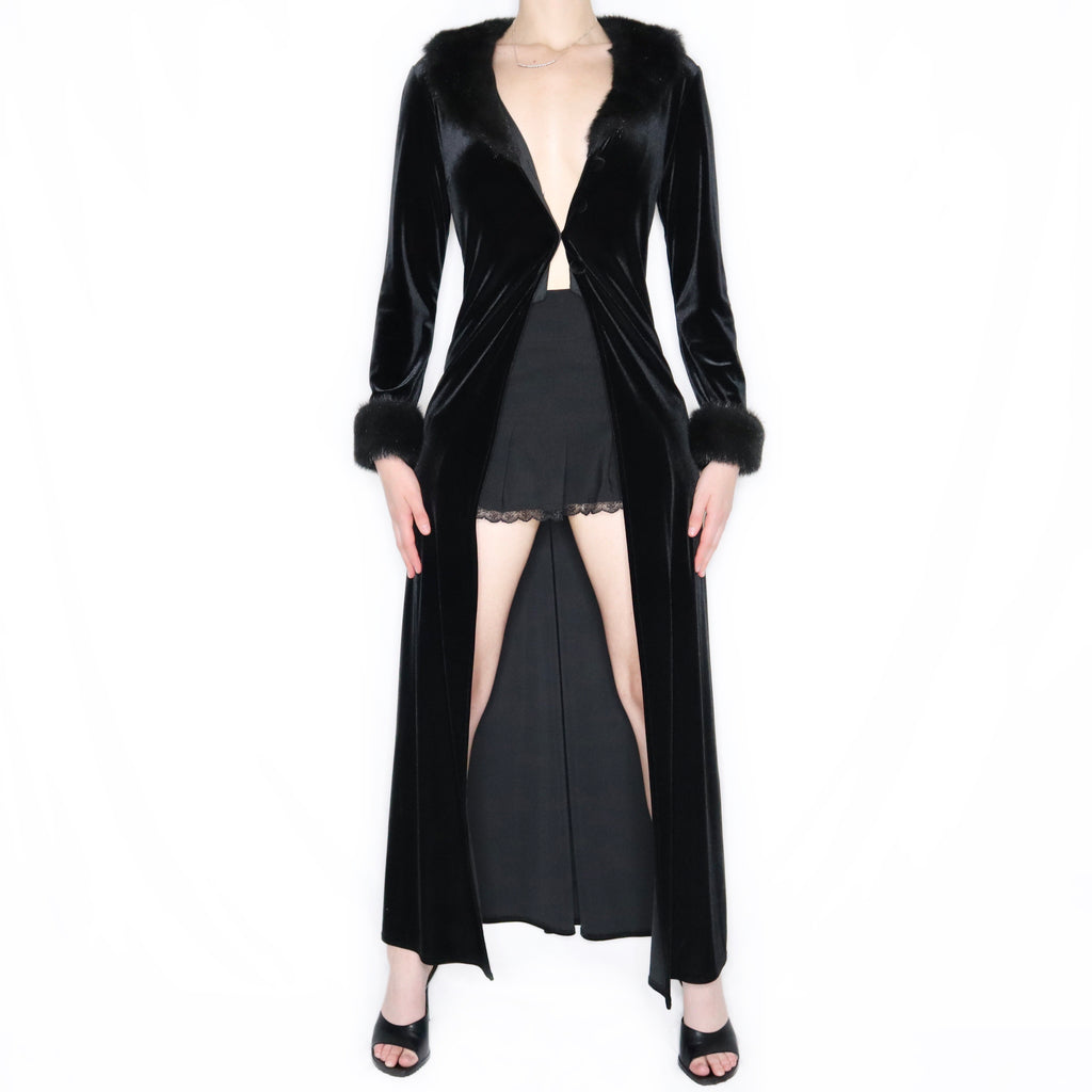 Vintage 90s Black Velvet Faux Fur Gothic Duster - Imber Vintage