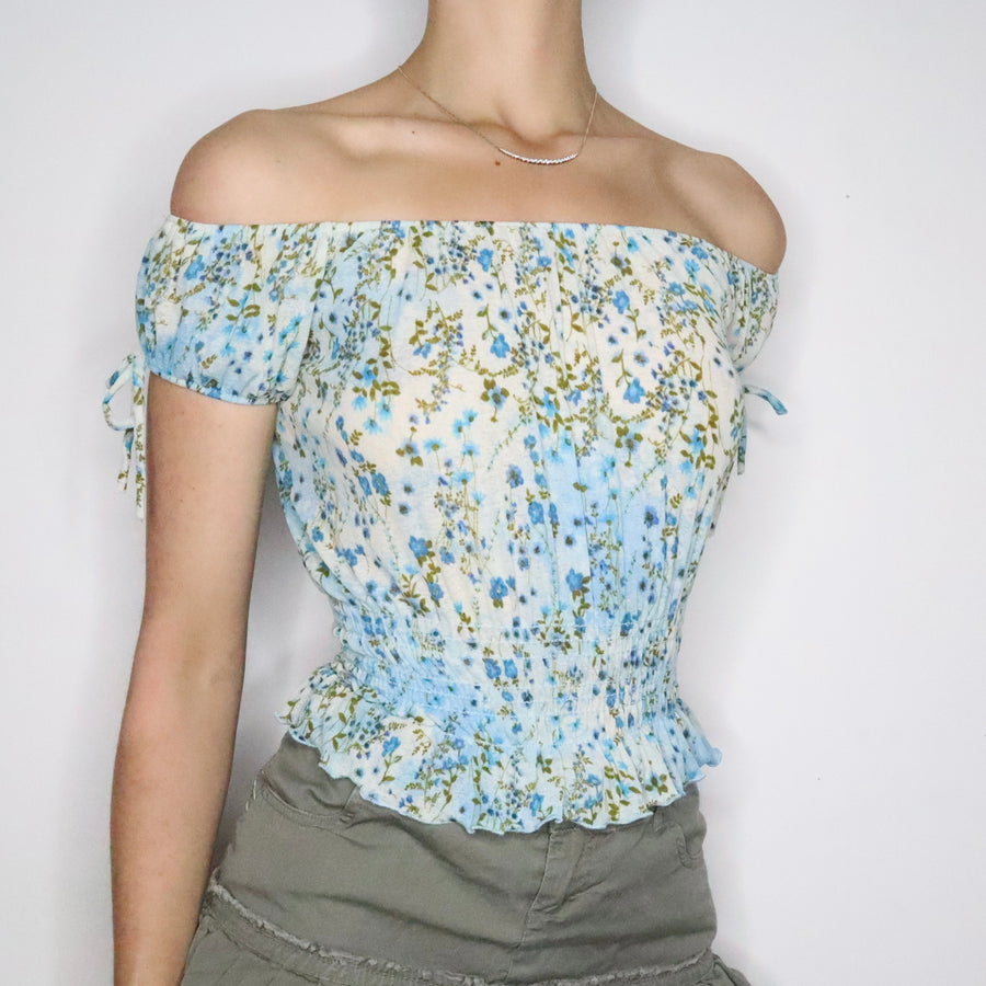 Baby Blue Floral Mesh Top (XS-S) - Imber Vintage