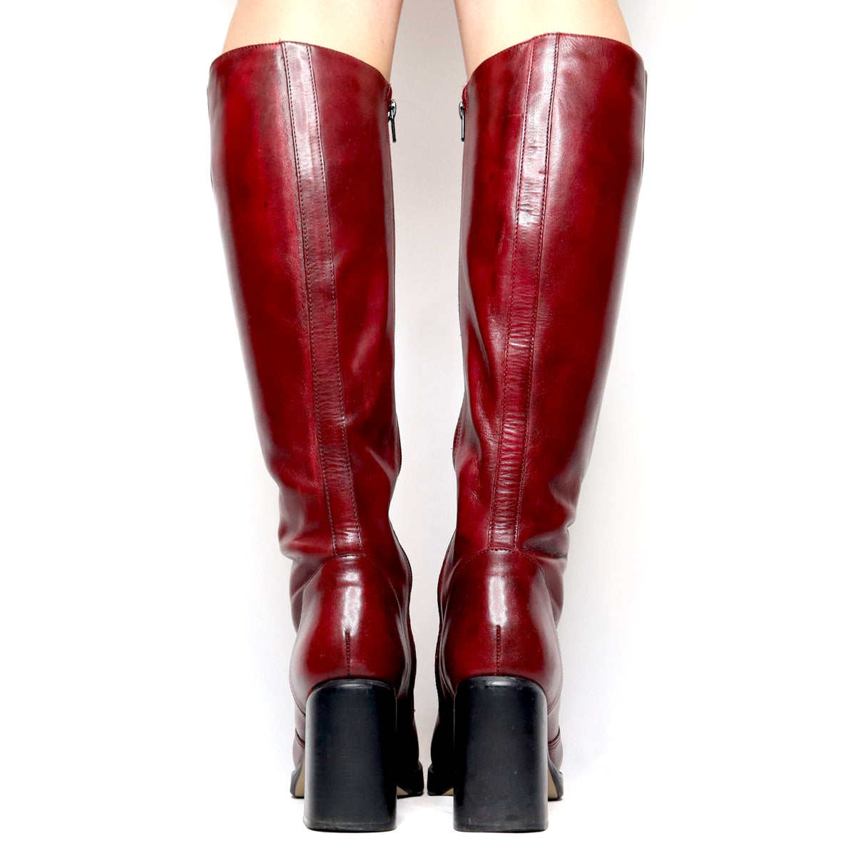 Vintage 90s Dark Cherry Red Leather Heeled Platform Knee High Boots ...